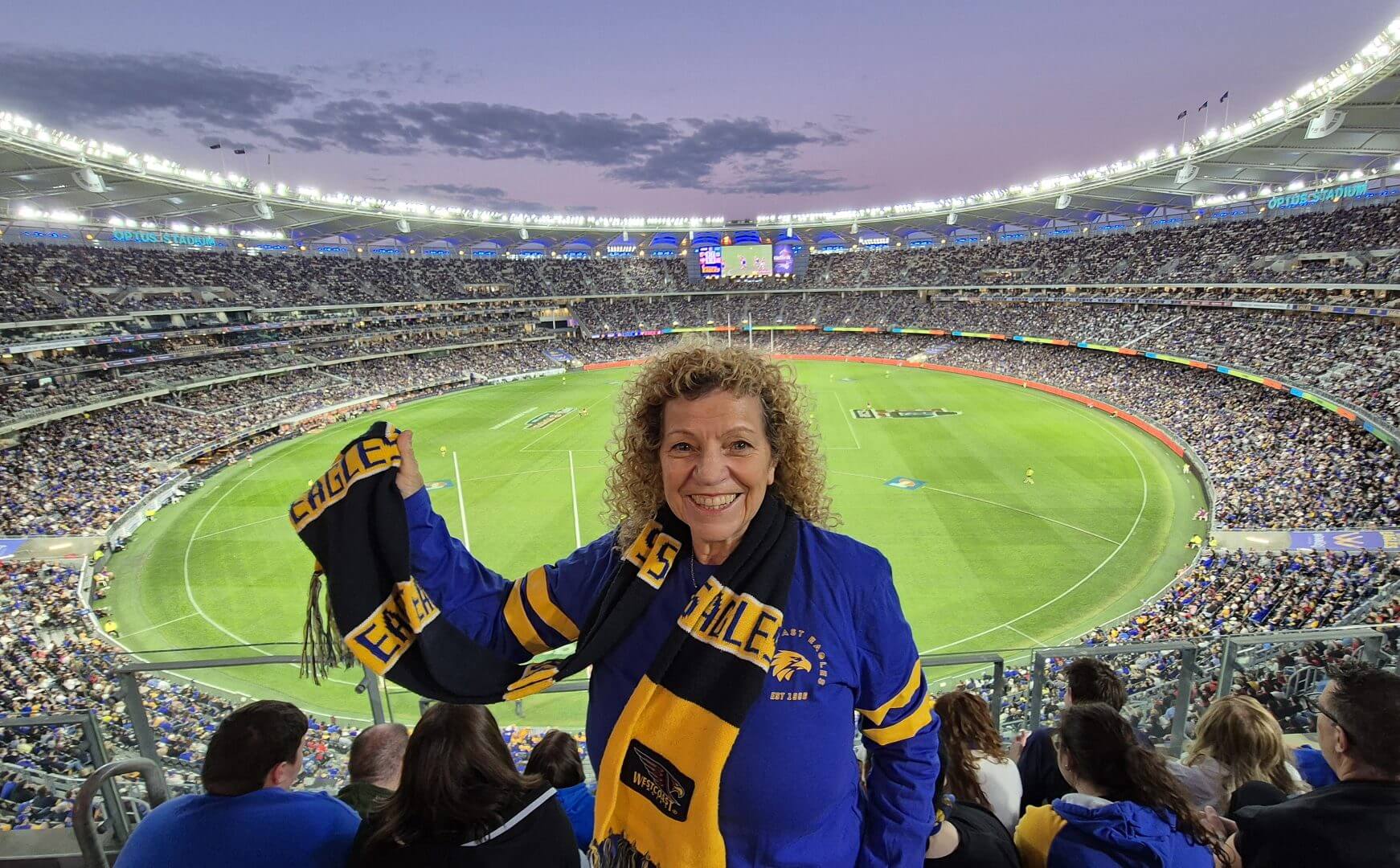 Elizabeth Re supporting the West Coast Eagles at Optus Stadium ...